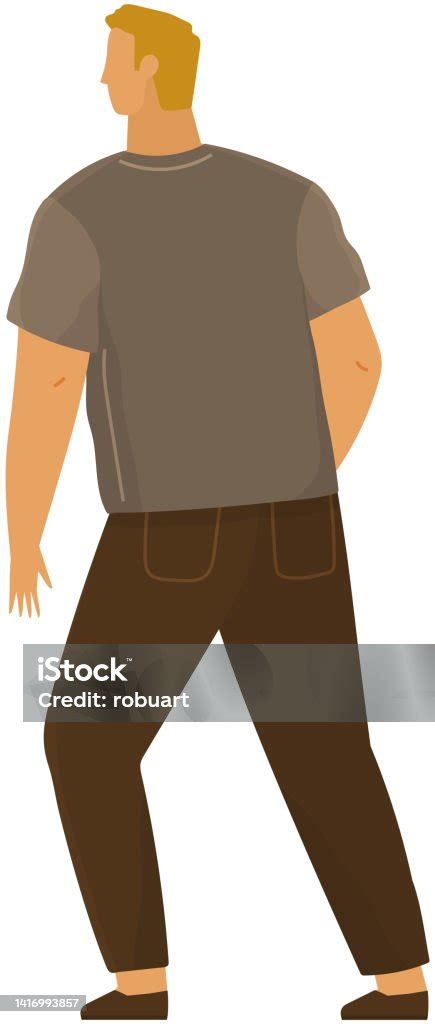 캐주얼 한 옷을 입은 청년이 뒤를 돌아보고 서있었습니다 남성 캐릭터는 그 뒤에있는 것을 본다 T 셔츠에 대한 스톡 벡터 아트 및 기타 이미지 Istock