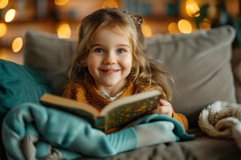 Premium Photo A Young Girl Is Sitting On A Couch With A Book In Her Lap