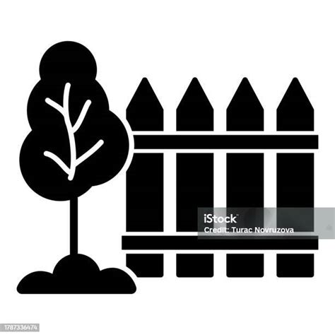 울타리와 나무 단색 아이콘 정원 및 원예 개념 흰색 배경에 정원 기호 모바일 웹 디자인에 대 한 글리프의 나무 울타리 아이콘 뒤에 과일 나무 벡터 그래픽 0명에 대한 스톡