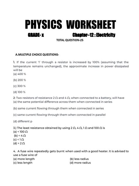 G10 Physics Worksheet Pdf Electrical Resistance And Conductance Series And Parallel Circuits