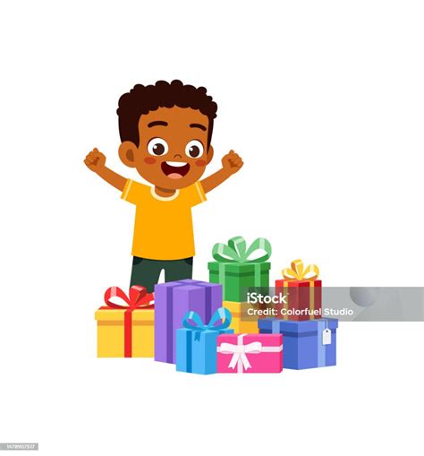 어린 아이는 많은 선물 상자를 받고 행복하다고 느낍니다 개회행사에 대한 스톡 벡터 아트 및 기타 이미지 개회행사 곰 공휴일 Istock