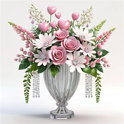 Grande Arranjo Floral Rosa Em Vaso De Vidro Decorativo Com Acentos Em Forma De Coração Vetor