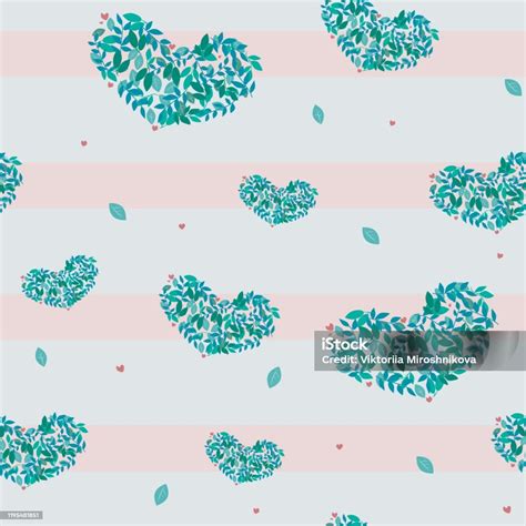 발렌타인 데이 날짜 또는 결혼식을위한 줄무늬 배경에 잎 하트와 임의의 빨간 하트와 원활한 패턴 섬유에 인쇄를위한 벡터 스톡 일러스트 레이션 결혼식에 대한 스톡 벡터 아트 및