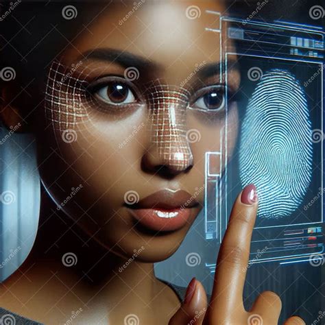 Woman Using Biometric Fingerprint And Facial Recognition System Stock
