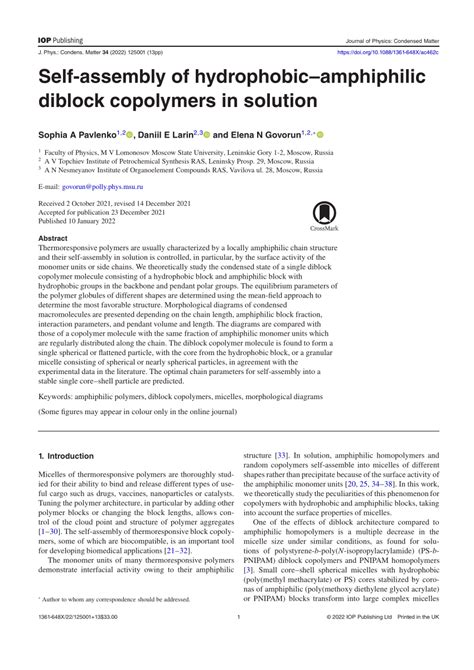 Self Assembly Of Hydrophobic Amphiphilic Diblock Copolymers In Solution Request Pdf