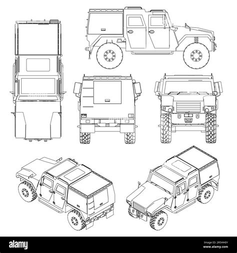 Set With Contours Of A Combat Jeep From Black Lines Isolated On A White Background Isometric