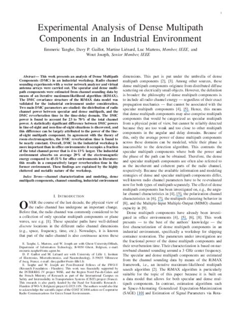 Pdf Experimental Analysis Of Dense Multipath Components In An Industrial Environment Wout
