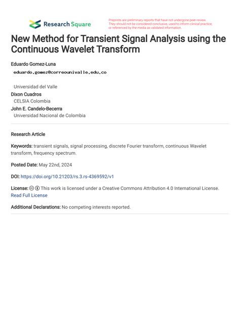 Pdf New Method For Transient Signal Analysis Using The Continuous Wavelet Transform