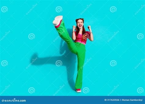 Full Length Photo Of Excited Lucky Lady Dressed Pink Knitted Rising