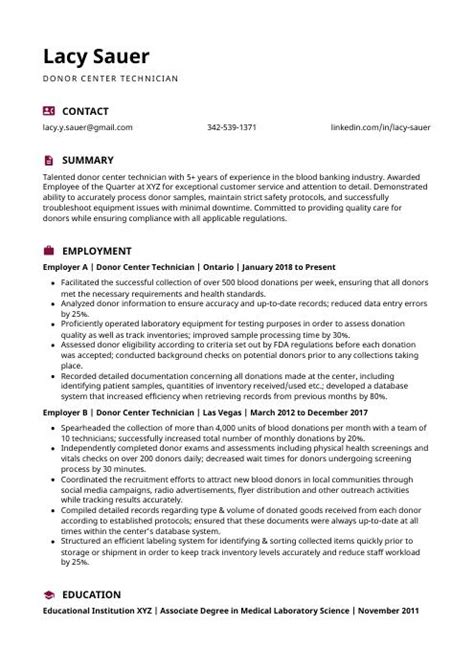 Donor Center Technician Resume Cv Example And Writing Guide