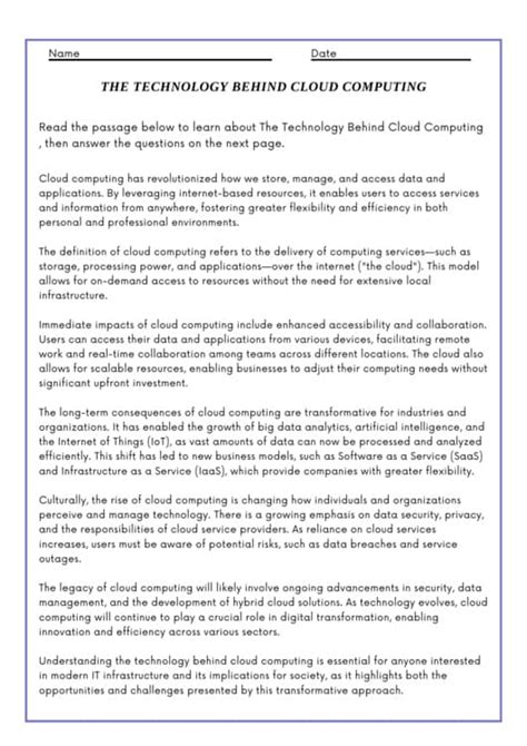 The Technology Behind Cloud Computing Reading Comprehension Passages And Question