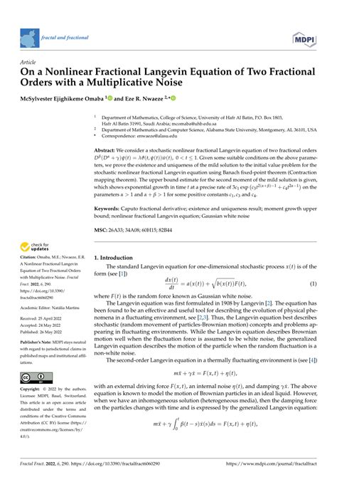 Pdf A Nonlinear Fractional Langevin Equation Of Two Fractional Orders With Multiplicative Noise