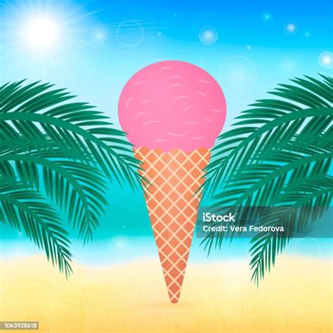 여름 바다 야 자 잎과 콘 아이스크림 벡터 배경 흐리게 Bokeh 배경 막입니다 휴가 및 열 대 해변 파티 개념입니다 디자인 프로젝트에 대 한 벡터 템플릿입니다 0명에 대한