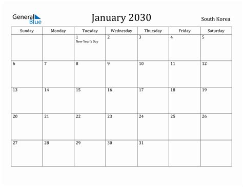 January 2030 Monthly Calendar With South Korea Holidays