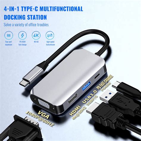 Type C Usb 3 0 Hub To Hdmi Vga Adapter Hub With 4k 1080p 3 0 Pd Charging Port Compatible With
