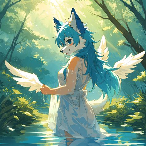 A Woman In A White Dress Standing In A River With Wings Seaart Ai