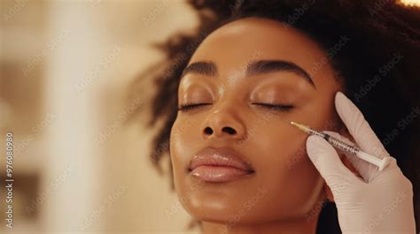 Lip Botox Injections Concept Young Black Woman Getting Beauty Injection In Her Lips Doctors