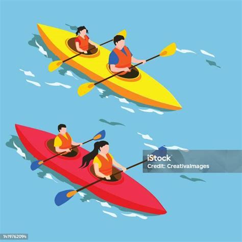 카약 아이소메트릭 3d에서 래프팅을 하는 아이들과 함께하는 행복한 활동적인 가족 카누 노 젓는 배에 대한 스톡 벡터 아트 및 기타 이미지 카누 노 젓는 배 등측투영법