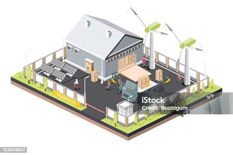 태양 전지판과 풍력 터빈이 있는 아이소메트릭 유통 물류 센터 녹색 친환경 주택 등측투영법에 대한 스톡 벡터 아트 및 기타 이미지 등측투영법 태양 에너지 풍력 Istock