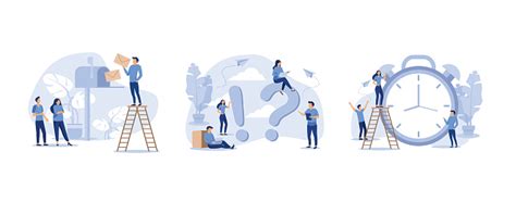 흰색 배경에 알람 시계가 울리고 느낌표와 물음표 주변의 사람들과 자주 묻는 질문 문자가 있는 사서함 평면 벡터 현대 그림 설정 개념에 대한 스톡 벡터 아트 및 기타 이미지