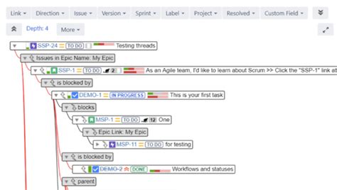 links hierarchy dependencies with sum up and time in status atlassian