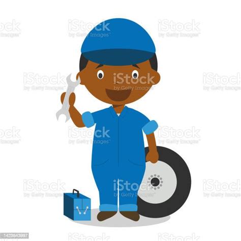 흑인 또는 아프리카 계 미국인 남성 기계공의 귀여운 만화 벡터 일러스트레이션 서비스에 대한 스톡 벡터 아트 및 기타 이미지 서비스 수리 수송 Istock