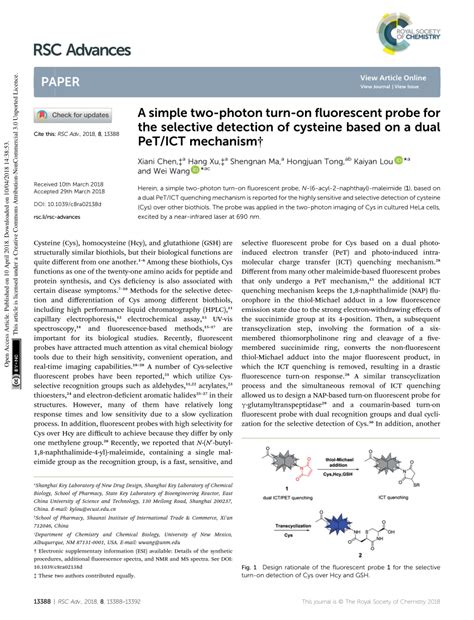 Pdf A Simple Two Photon Turn On Fluorescent Probe For The Selective Detection Of Cysteine
