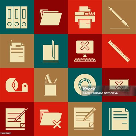 파일 문서 랩톱 및 크로스 마크를 화면에 표시 눈금자 프린터 종이 클립 문서 문서 및 컴퓨터 키보드 X 아이콘이있는 Office 폴더를 설정합니다 벡터 0명에 대한 스톡