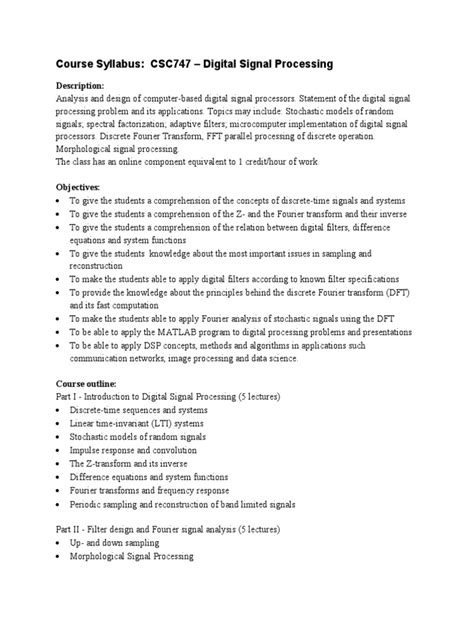 course syllabus csc747 digital signal processing description pdf
