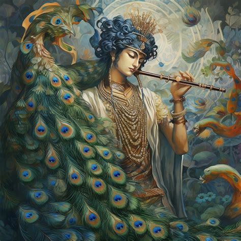 크리슈나 경과 인도의 잔마슈타미 축제에 맞춰 피리를 연주하는 아이 생성 프리미엄 사진