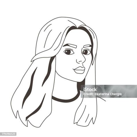 낙서 손으로 그린 스타일에 긴 머리를 가진 여자의 초상화입니다 소녀 얼굴 머리 스케치 선 디자인 개요의 아바타 간단한 아이콘 고립 된 벡터 그림입니다 귀여운에 대한 스톡