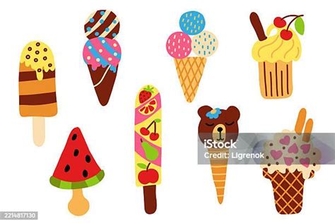 귀여운 아이스크림 일러스트의 다채로운 세트 아이스 캔디 콘을 특징으로 하는 장난스럽고 기발한 여름 디저트 컬렉션 Popsicle Stick에 대한 스톡 벡터 아트 및 기타