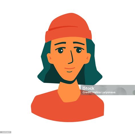 주황색 니트 모자를 쓴 젊은이의 얼굴입니다 웹사이트 아바타 카드 등을 위한 고립된 벡터 일러스트레이션 개성 개념에 대한 스톡 벡터 아트 및 기타 이미지 Istock