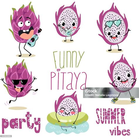 피타야 과일의 벡터 일러스트레이션 다양한 포즈와 감정을 가진 귀여운 재미있는 캐릭터 롤러 스케이트 수영 서클 및 악기 어린이 개념 0명에 대한 스톡 벡터 아트 및 기타