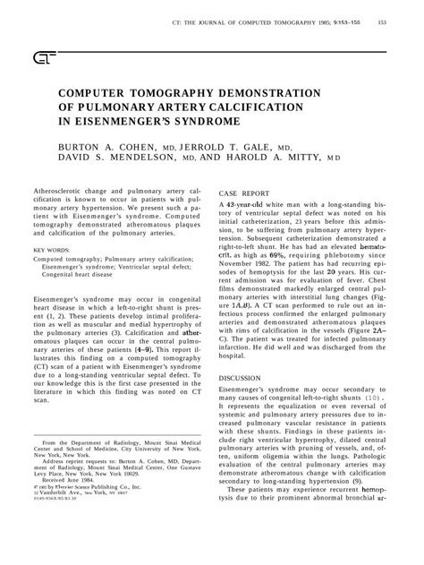 Pdf Computer Tomography Demonstration Of Pulmonary Artery Calcification In Eisenmengers