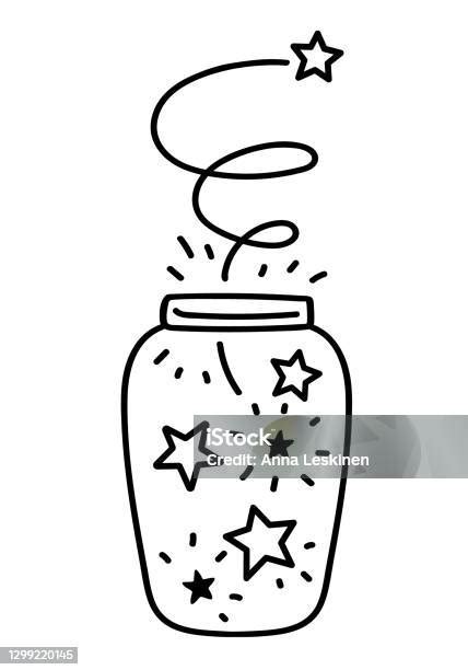 낙서 스타일로 별과 스타 더스트의 유리 항아리를 손으로 그립니다 별이 있는 마법의 은행 티셔츠와 엽서를 위한 영감을 주는 낙서 디자인 흰색 배경에 격리된 검은색 윤곽선입니다