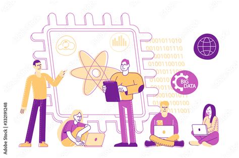 Tiny Male And Female Characters Engineers And Scientists Working With Quantum Computer Chip