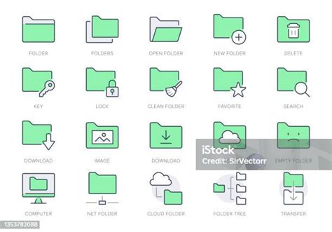 폴더 줄 아이콘입니다 벡터 그림에는 아이콘 파일 복사 지우기 다운로드 네트워크 잠금 문서 컴퓨터 카탈로그에 대한 개요 그림 검색 등이 포함됩니다 녹색 편집 가능한 스트로크