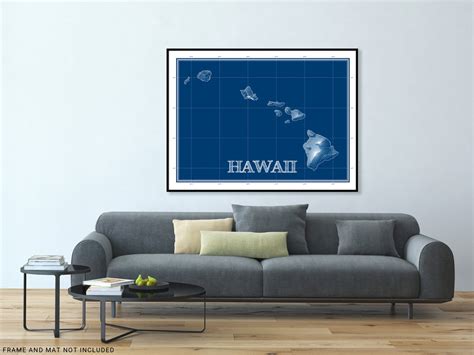 Hawaii Map Print Navy Blue Topographic Blueprint Hawaiian Islands Wal