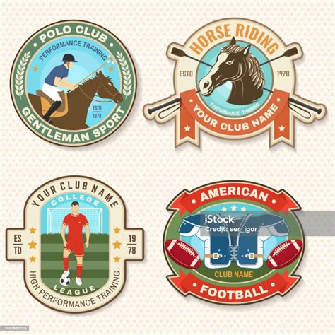미식 축구 축구 폴로 및 승마 클럽 자수 패치 세트 벡터 축구 미식 축구 스포츠맨 선수 헬멧 볼 라이더 및 말 실루엣이있는 스티커 디자인 게이트에 대한 스톡 벡터 아트 및