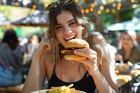 Premium Photo A Woman Is Casually Enjoying A Meal As She Eats A