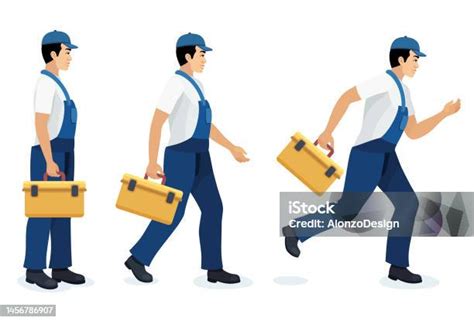 배관공 또는 수리공 도구 상자를 가진 건설 노동자 다른 포즈를 가진 작업자 집합입니다 걷기에 대한 스톡 벡터 아트 및 기타