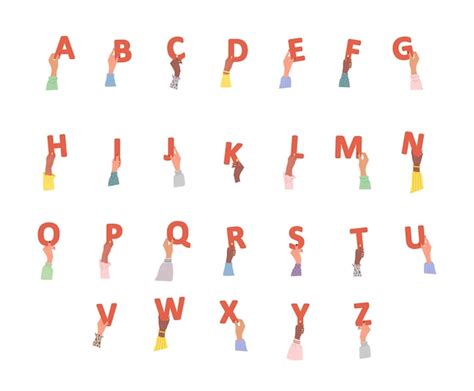 빨간색 알파벳 문자를 들고 다른 여성 손의 그룹 다양 한 다민족 사람들이 함께 만화 스타일 클립 아트에서 벡터 손으로 그린 그림