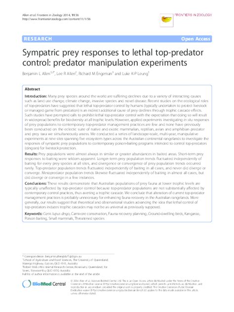 Pdf Sympatric Prey Responses To Lethal Top Predator Control Predator