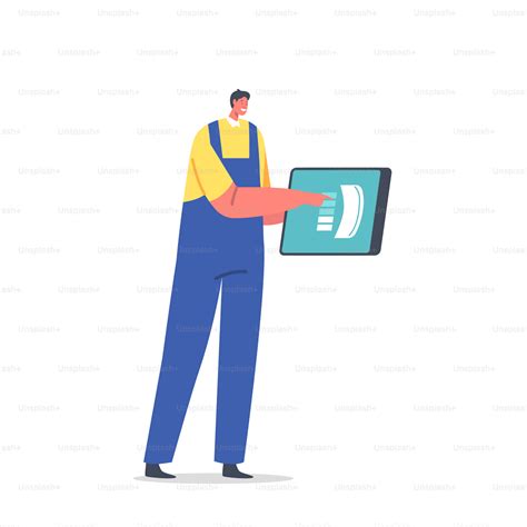 자동차 정비 또는 수리 서비스 자동차 수리를 위한 장치를 들고 있는 파란색 작업복을 입은 정비공 캐릭터 자동 점검을 위한 기술 장치를 가진 직원 만화 사람들 벡터