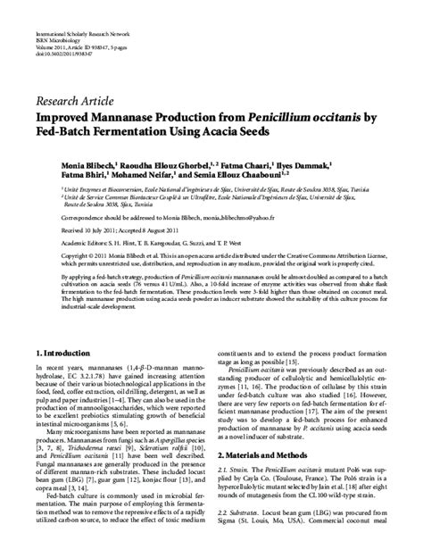 Pdf Improved Mannanase Production From Penicillium Occitanis By Fed Batch Fermentation Using