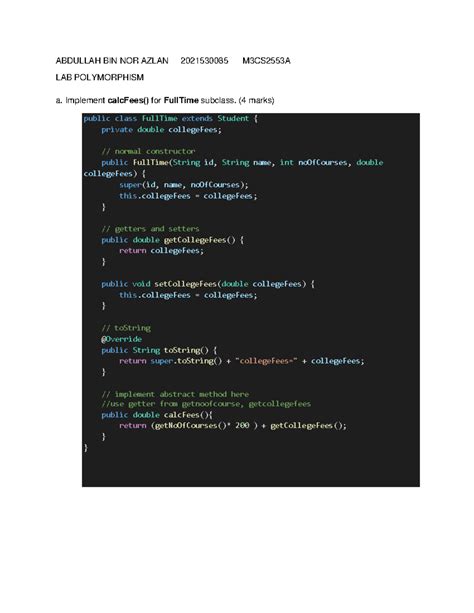 Abdullah Bin Nor Azlan 2021530085 Polymorphism Public Class Fulltime