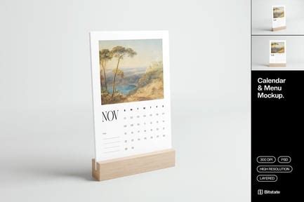 Desk Calendar And Menu Mockup With Wooden Stand Product Mockups Ft