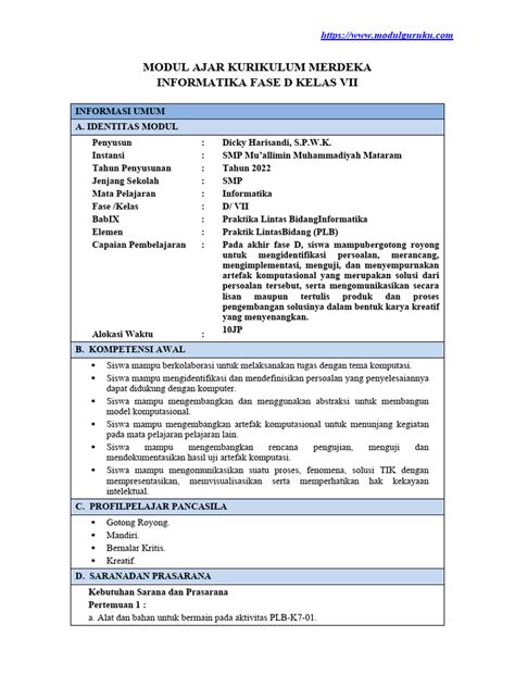 Modul Ajar Informatika Kelas 7 Fase D Bab 9 Pdf Seni Teknologi And Rekayasa