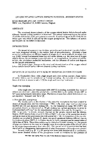 Pdf Oxygen Related Lattice Defects In Silicon Present Status